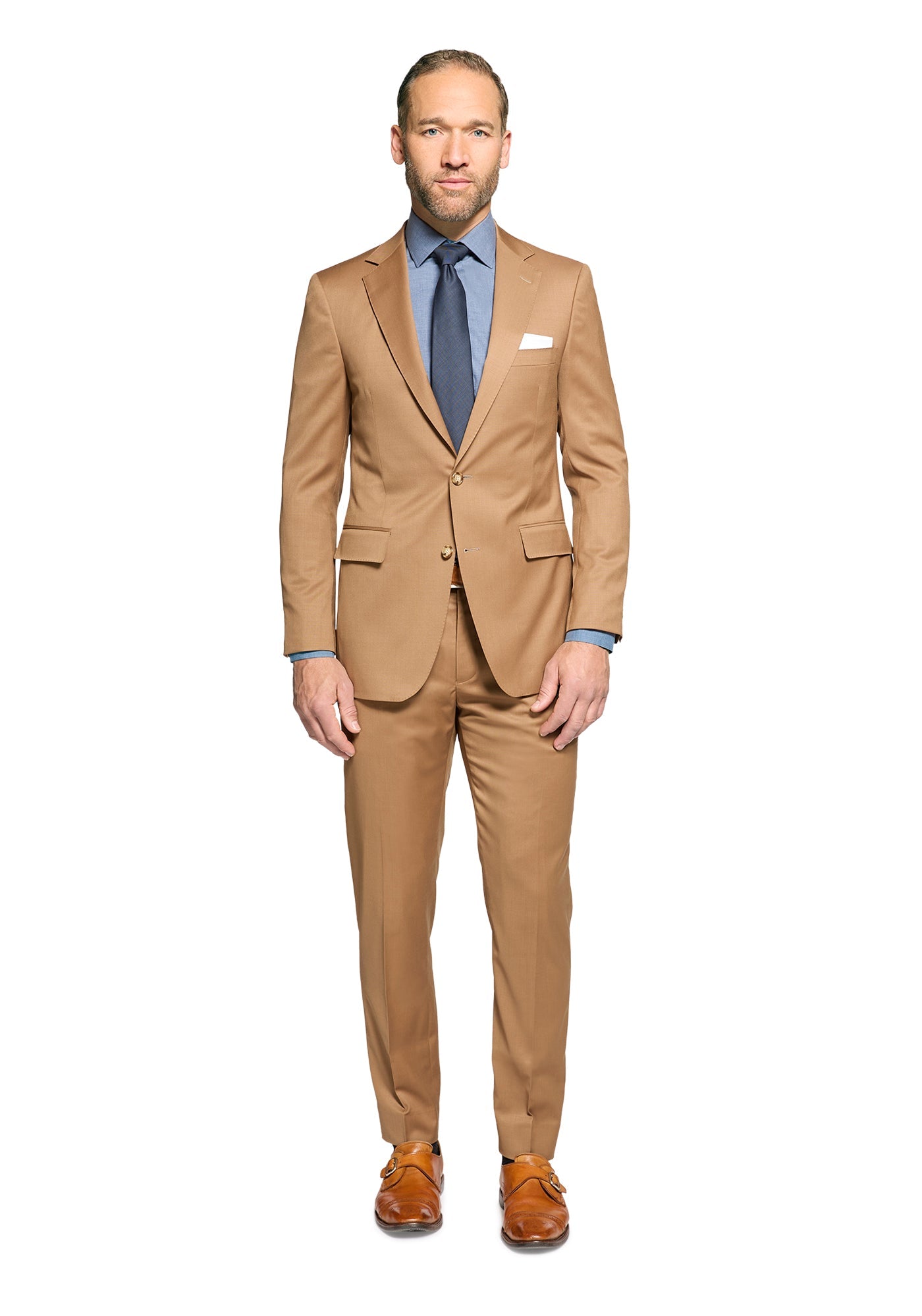 Stretch Tan Custom Suit – Black Lapel