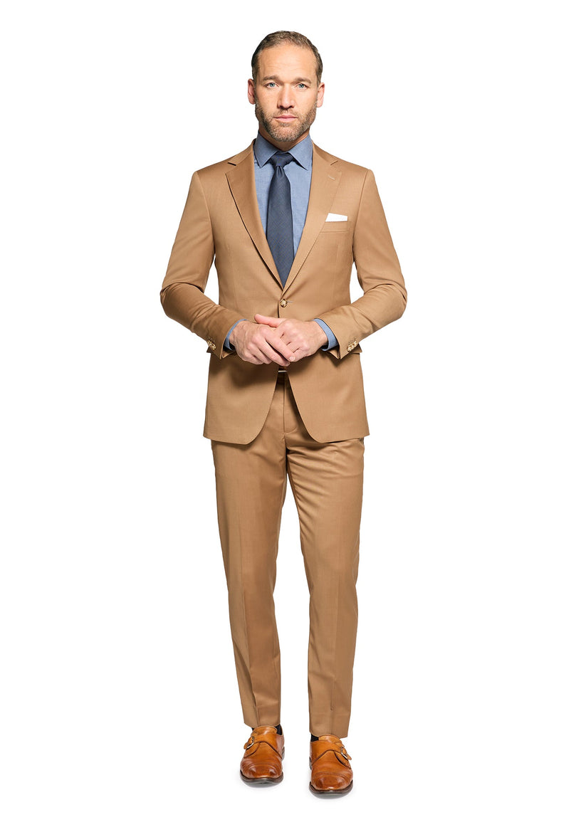 Stretch Tan Custom Suit – Black Lapel